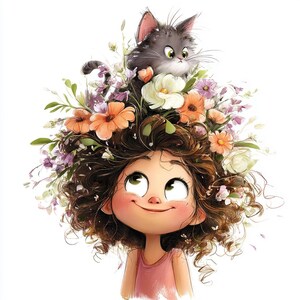18 Girl and Cat Clipart: Whimsical Watercolor Floral PNG Set - Etsy