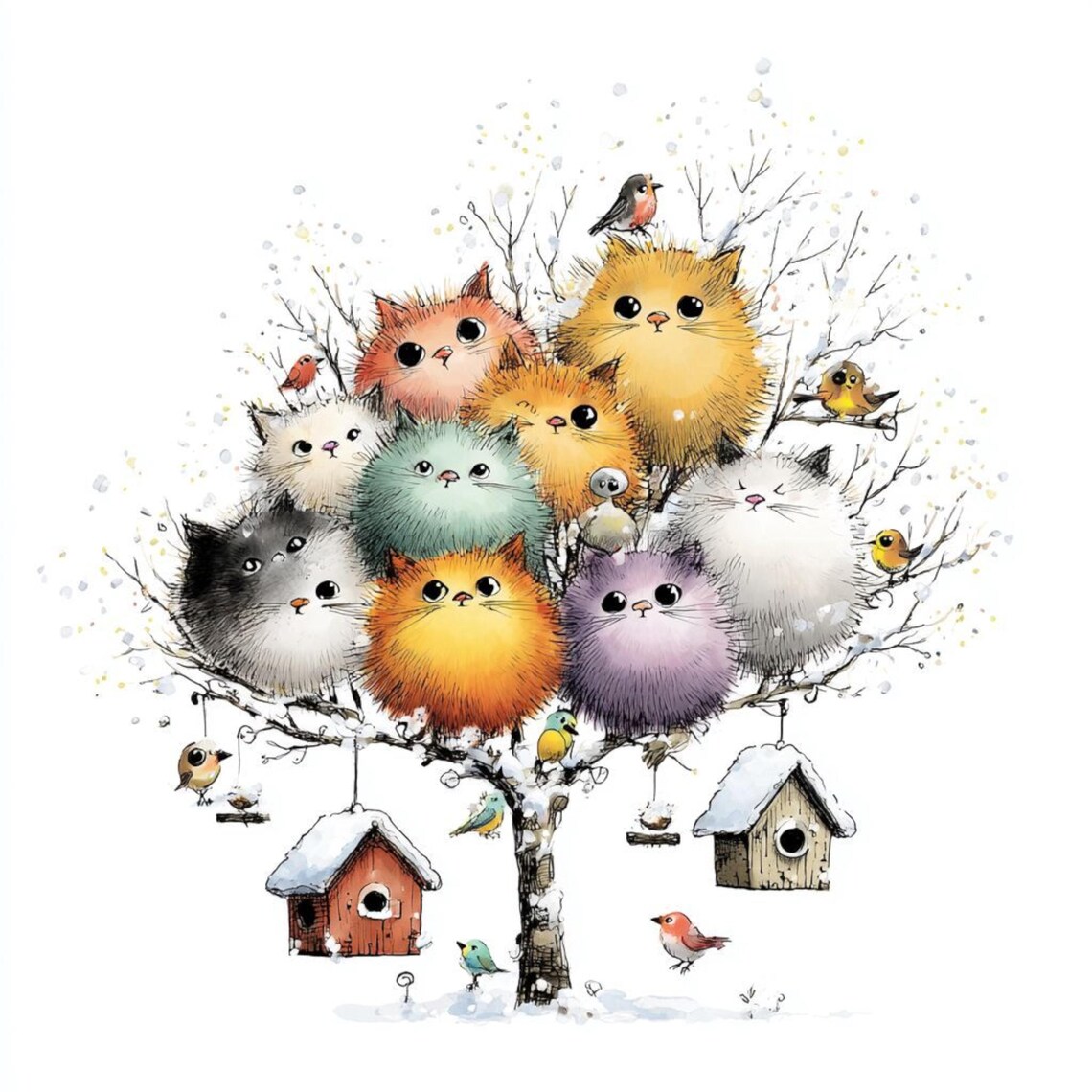 30 Watercolor Whimsical Cat Clipart (JPG) : Colorful Funny Cats for ...