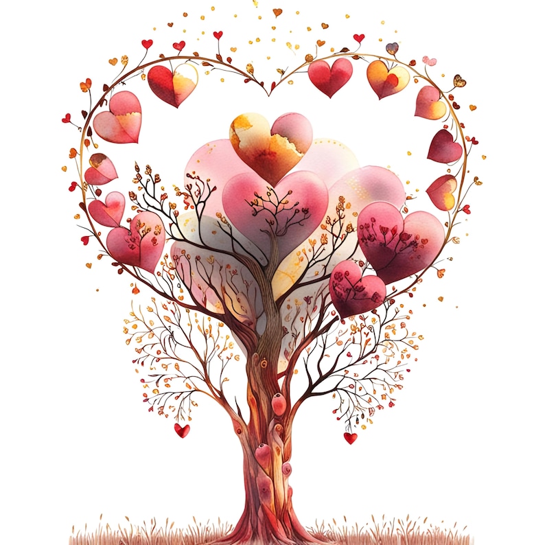 10 Watercolor Heart Tree Clipart, Romantic Nature Print, Digital ...