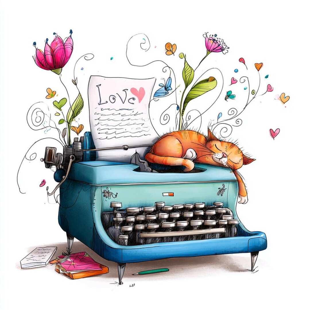 20 Quirky Cat Typewriter Clipart (JPG) : Whimsical Vintage Cats for ...