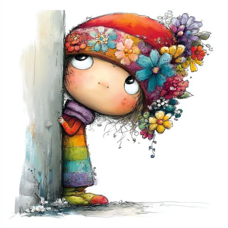 Winter Girl Clipart – Peeking Kids Illustration, Cozy JPG (digital ...