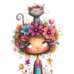 18 Girl and Cat Clipart: Whimsical Watercolor Floral PNG Set - Etsy