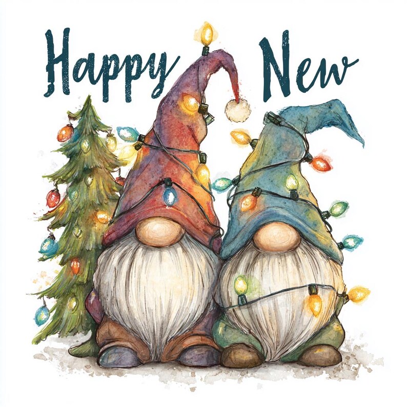 10 Happy New Year Gnomes Clipart Bundle , Christmas Card Set - Etsy