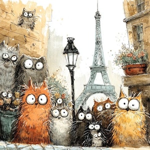 48 Watercolor Paris Cat Clipart (JPG) : Quirky Whimsical Cats Art for ...