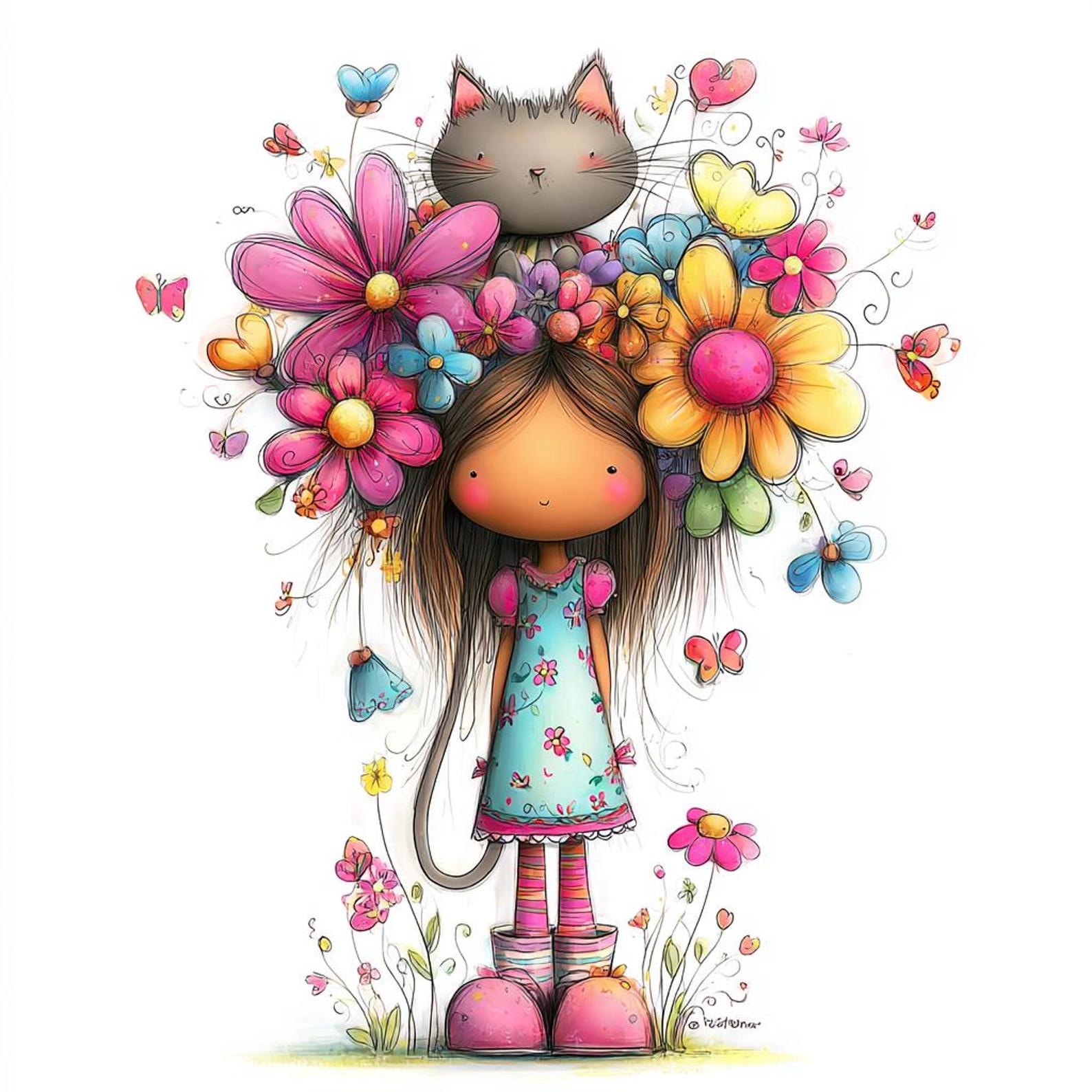 18 Girl and Cat Clipart: Whimsical Watercolor Floral PNG Set - Etsy