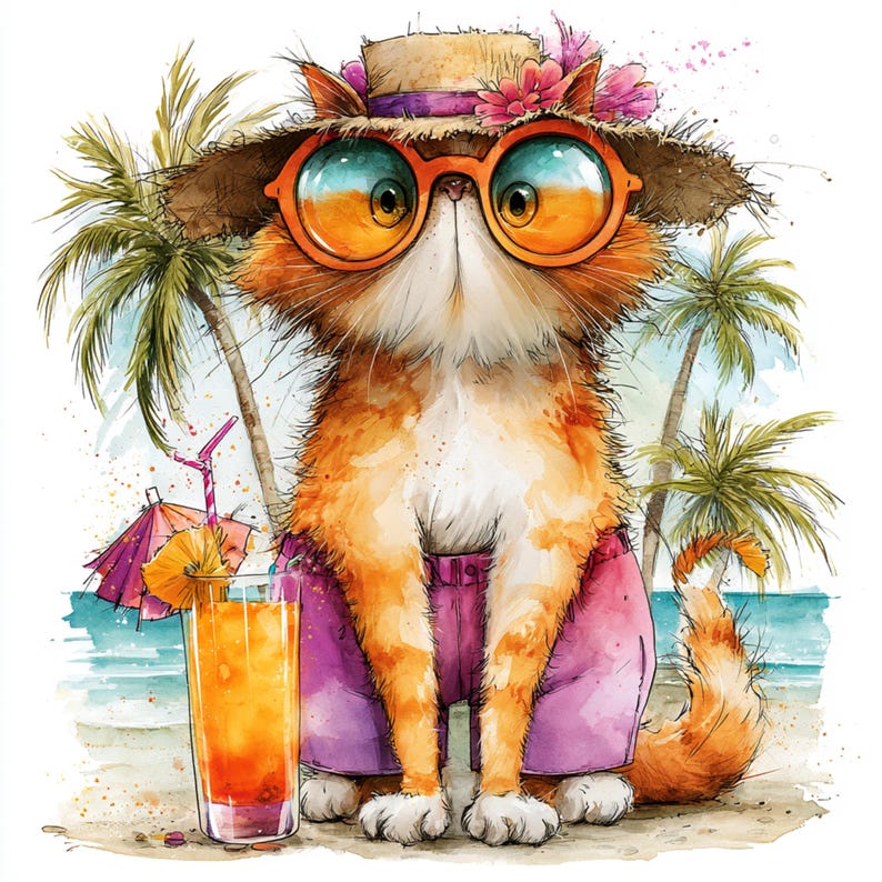 25 Beach Cat Clipart | Watercolor Persian Tabby in Sunglasses Tropical ...