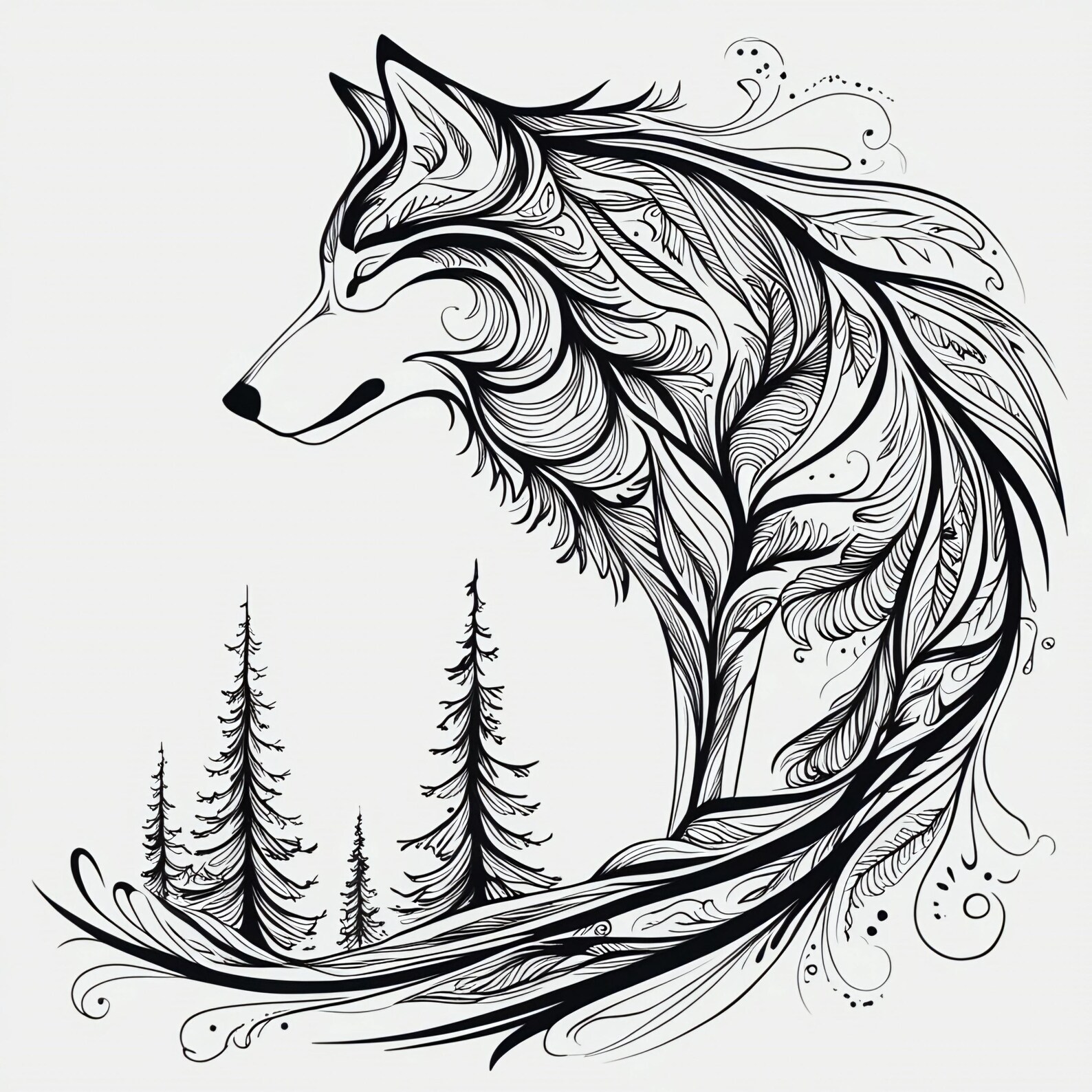 10 Wolf Line Art - Mystical Wolf Forest Illustration - High Resolution ...