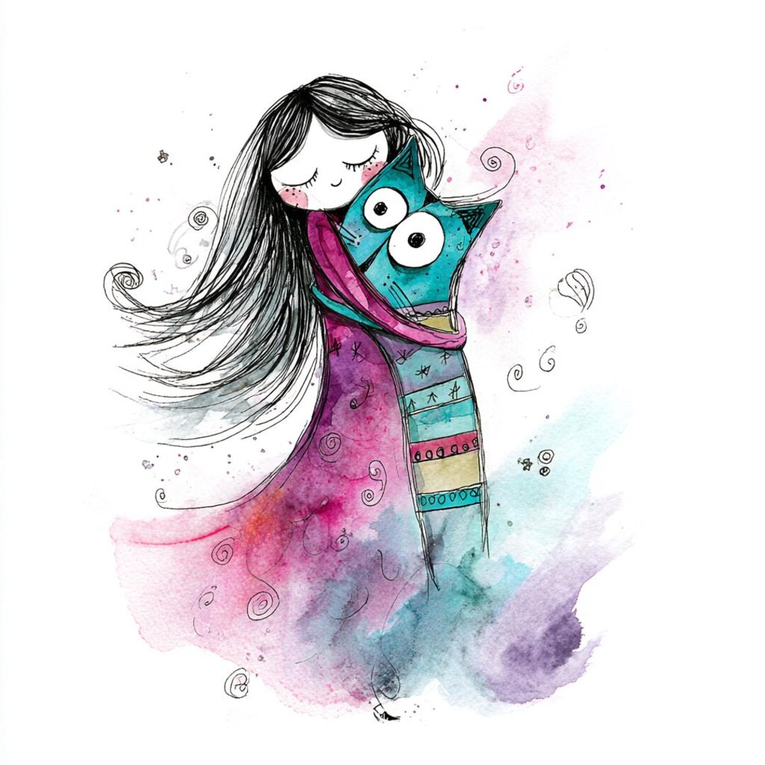 Girl and Cat Watercolor Clipart: Whimsical Friendship Art (15 JPG ...