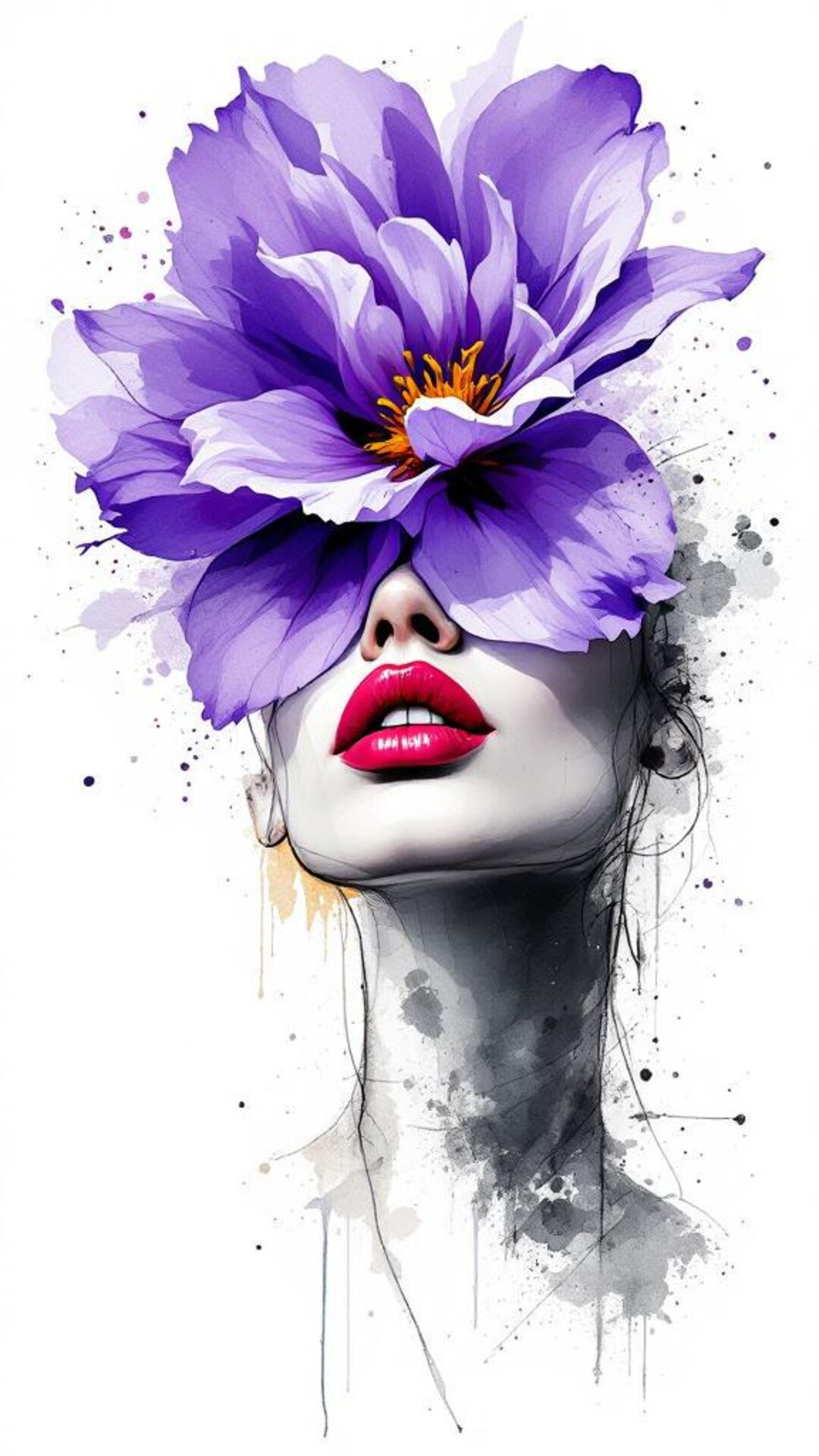 Floral Woman Face Watercolor Clipart – Violet PNG Images (digital ...