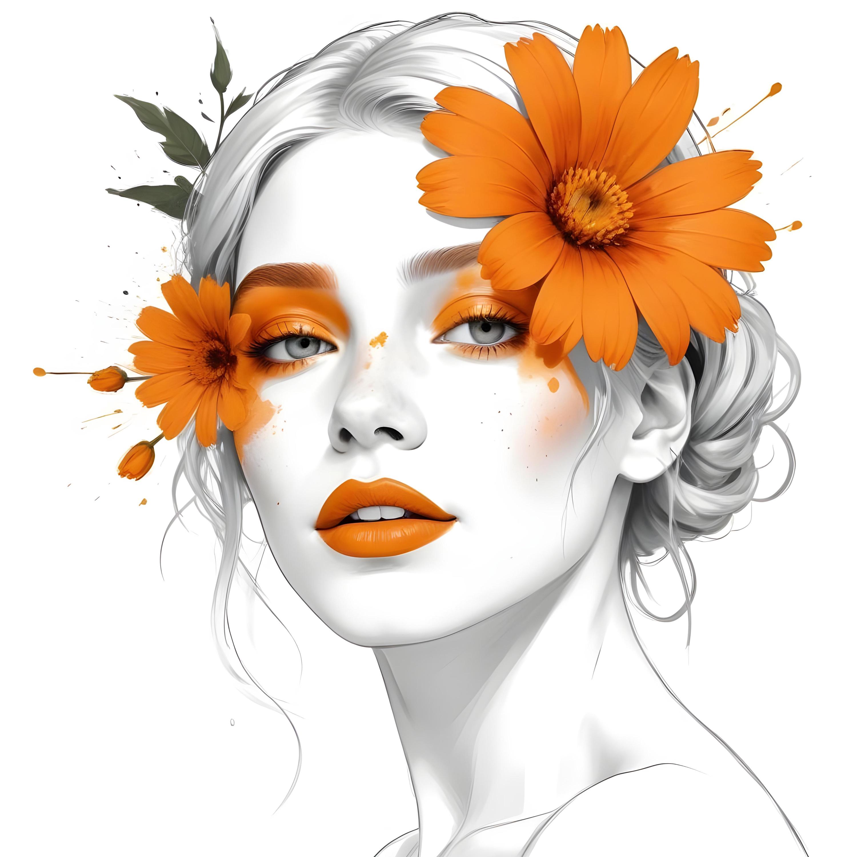 Orange Floral Woman Face Clipart Watercolor Art Jpg Digital Download