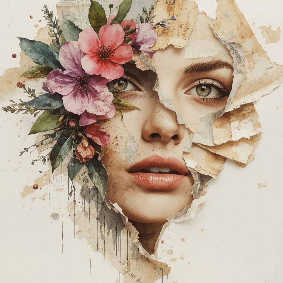 Vintage Floral Woman Collage Clipart: Printable Torn Paper Face Art ...