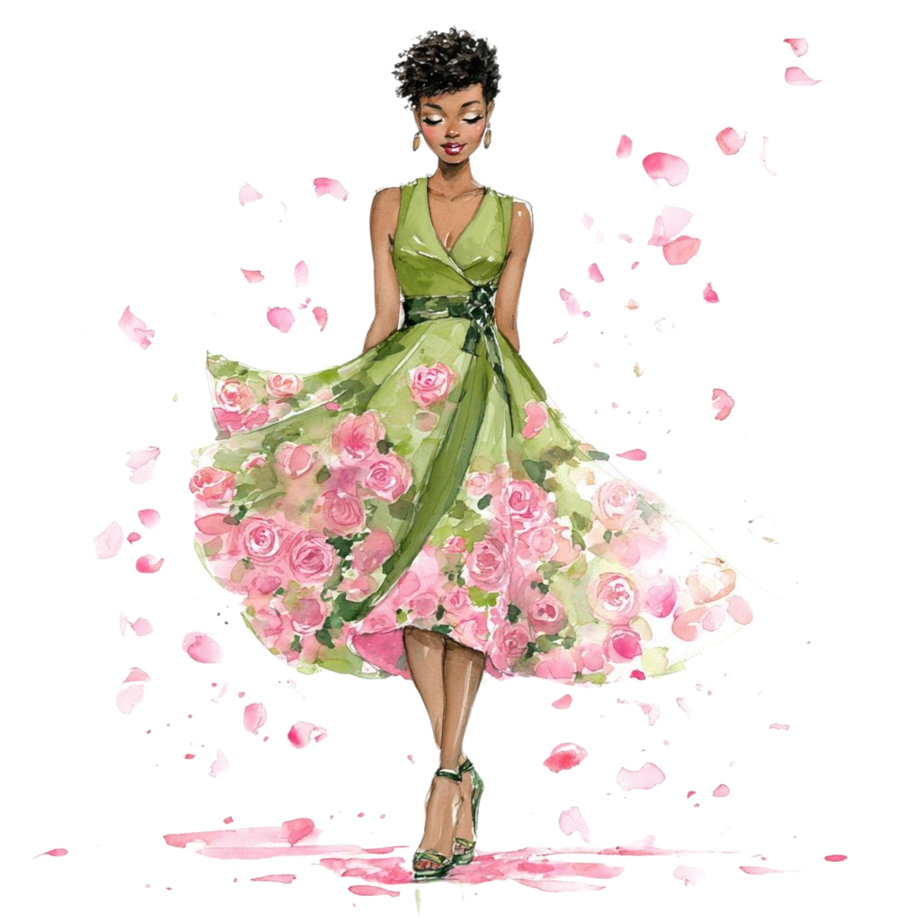 15 Floral Fashion Woman Clipart (JPG) : Elegant Flower Dress Art for ...
