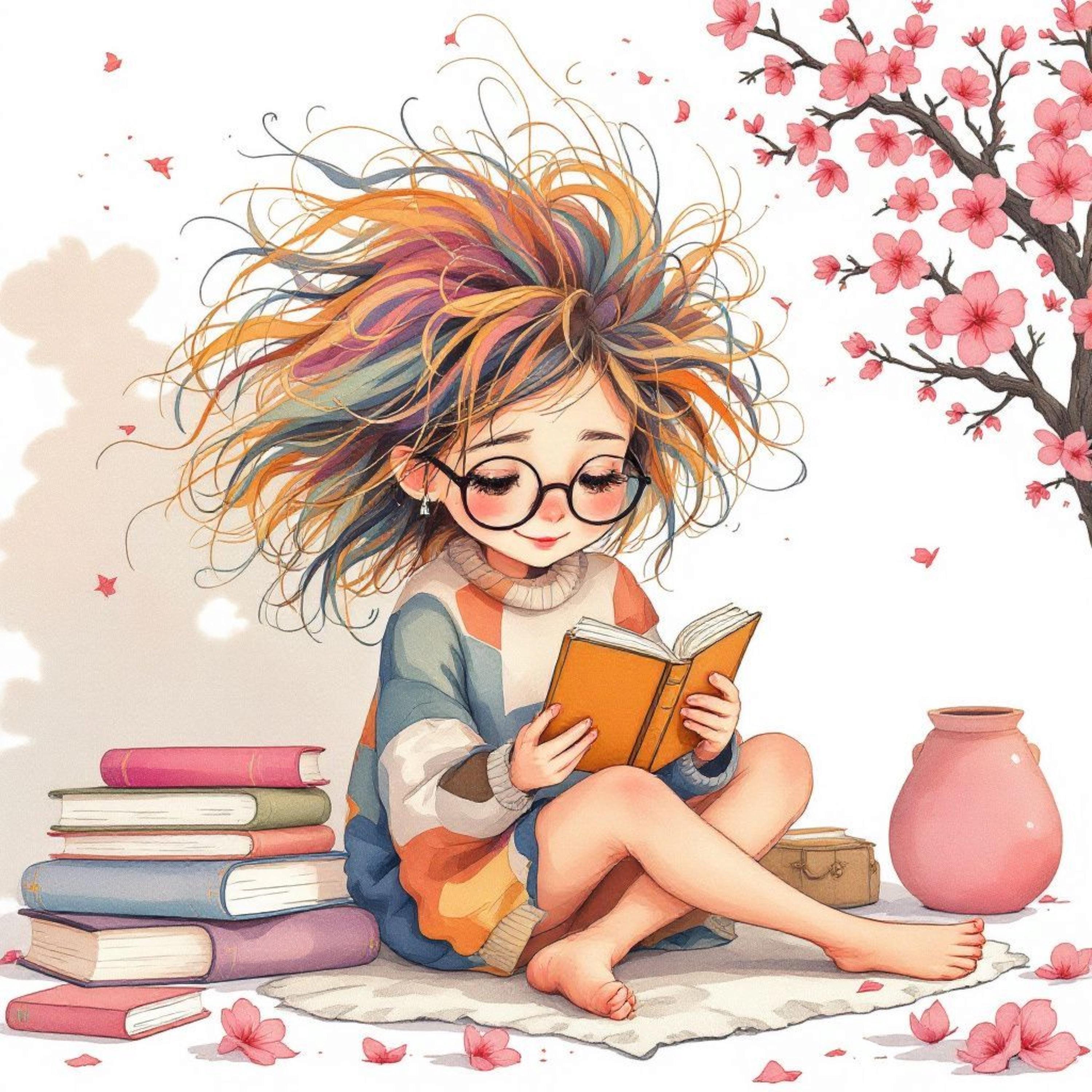 Reading Girl Clipart: Watercolor Patchwork Art, Book Lover (digital ...