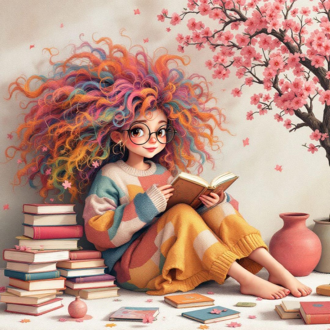 Reading Girl Clipart: Watercolor Patchwork Art, Book Lover (digital ...
