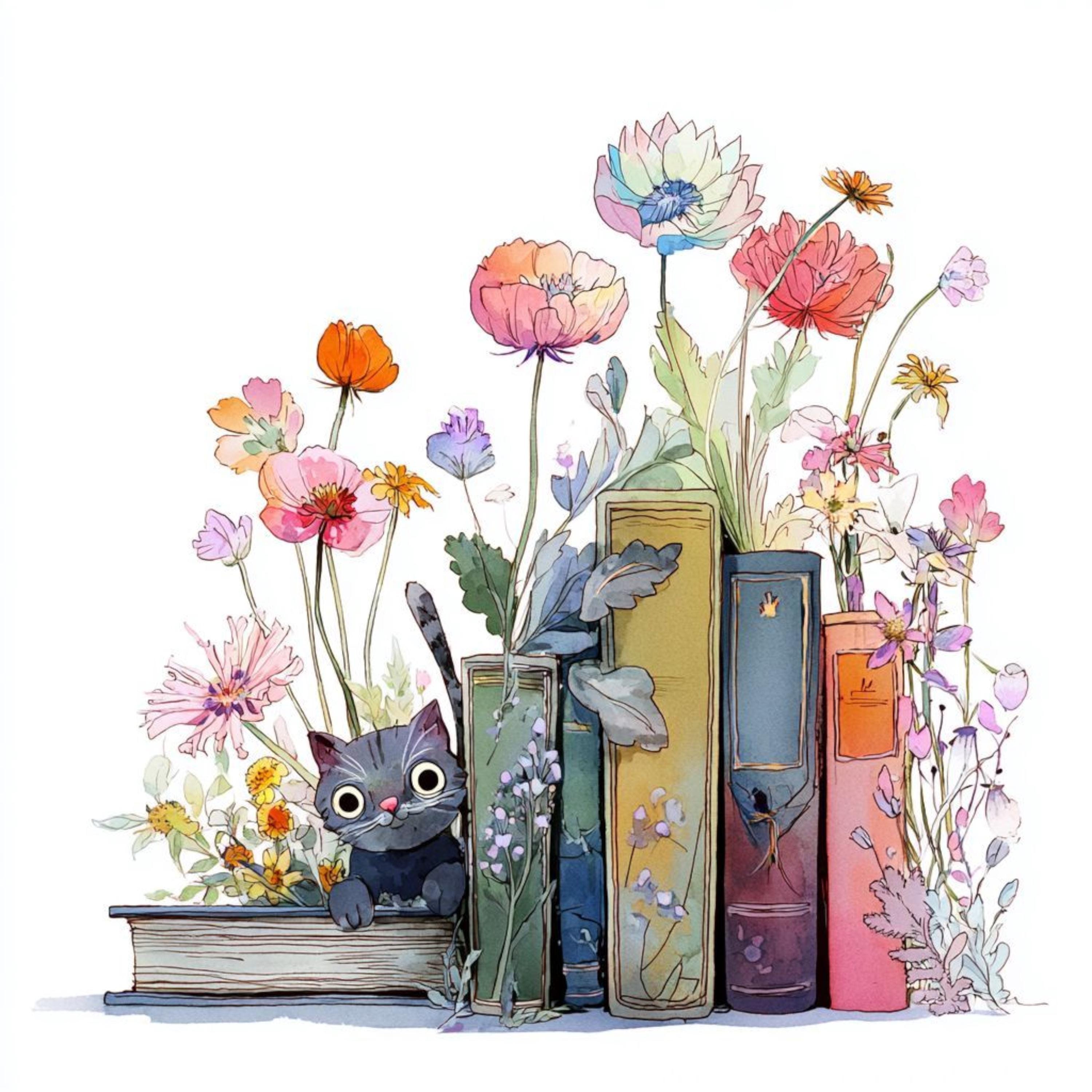 25 Watercolor Book Cat Clipart (JPG) : Whimsical Floral Library Cats ...