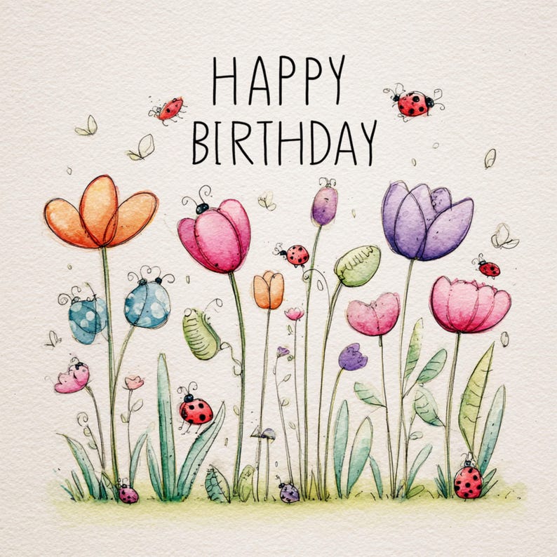10 Happy Birthday Floral Card Printable : Whimsical Birthday Art for ...