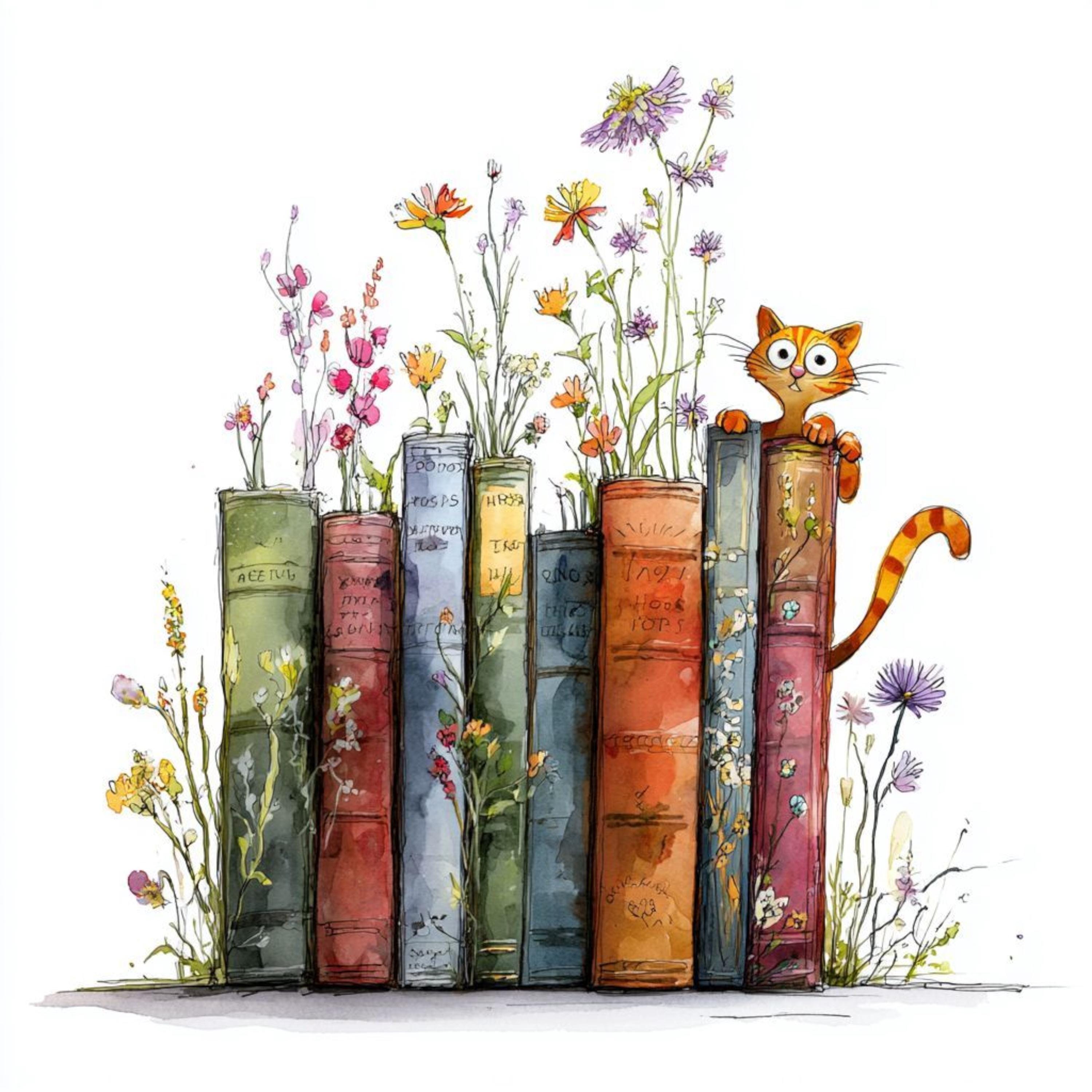 25 Watercolor Book Cat Clipart (JPG) : Whimsical Floral Library Cats ...