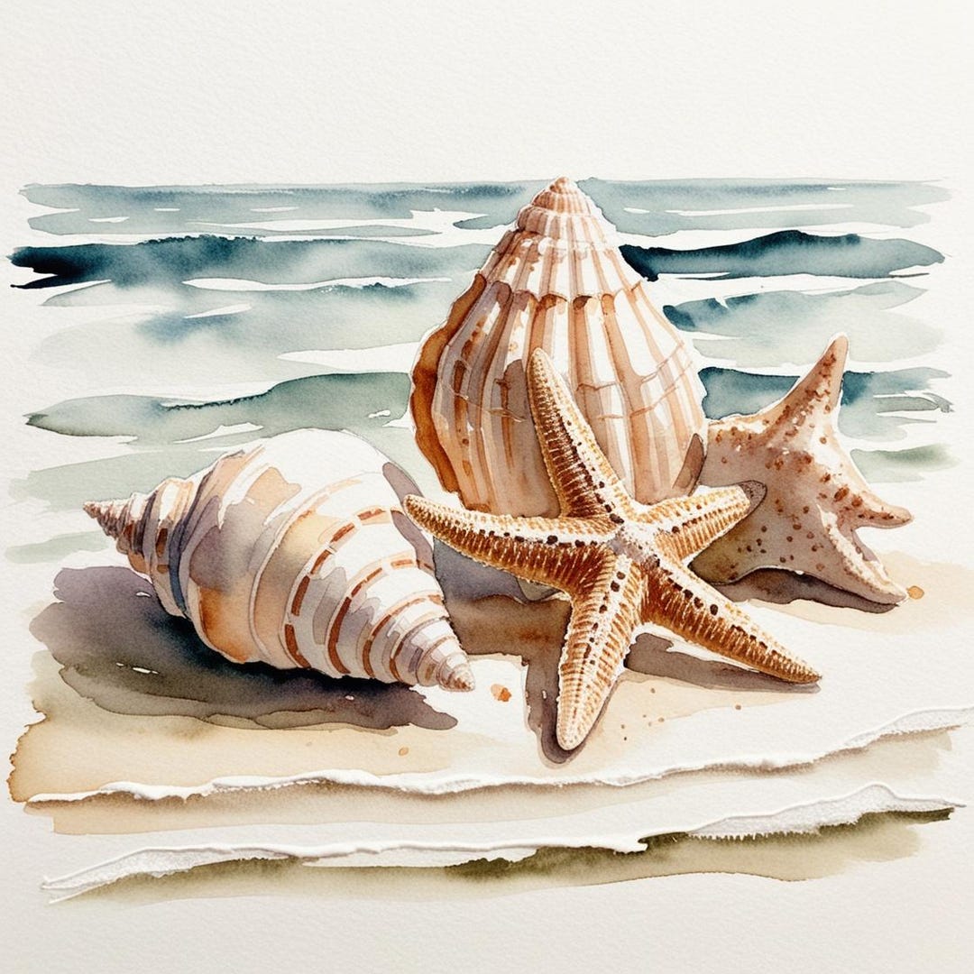 11 Seashell Beach Clipart (JPG) : Watercolor Ocean Waves & Coastal Art ...