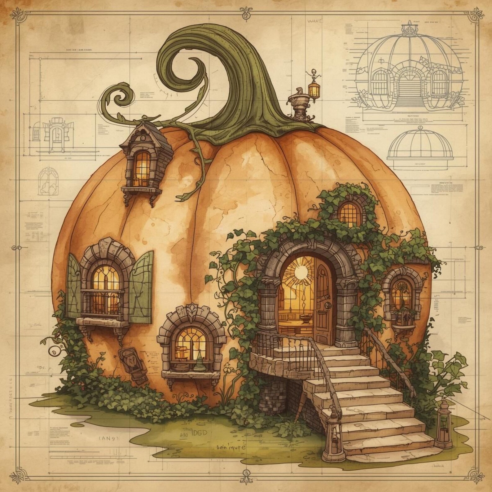 Retro Pumpkin House Blueprint Art , Printable Halloween Wall Decor ...