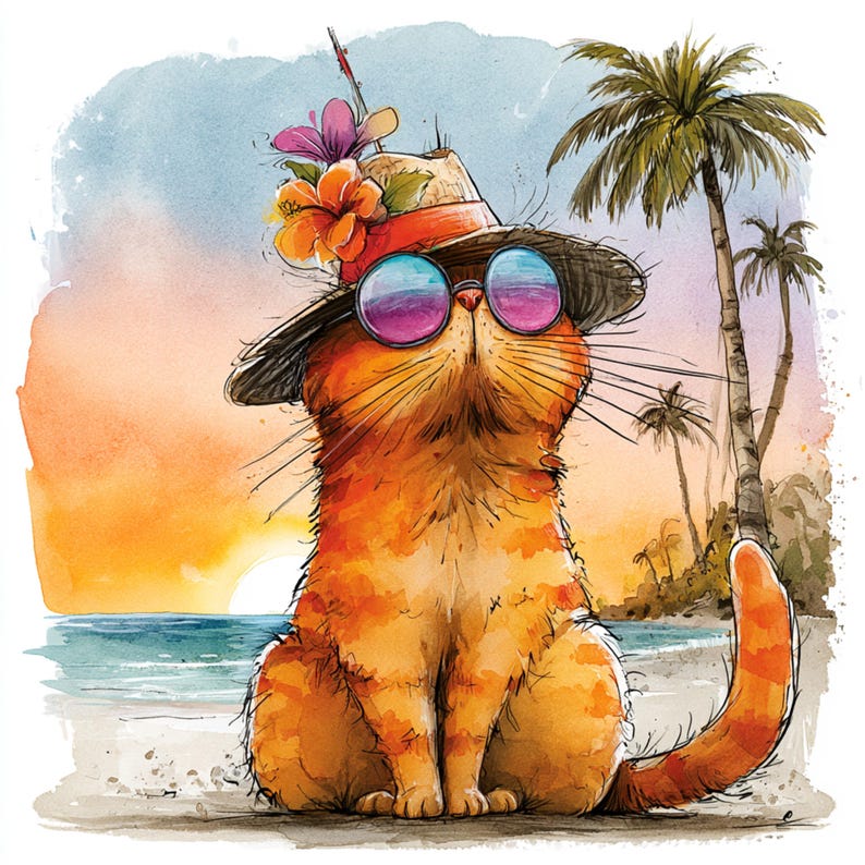 25 Beach Cat Clipart | Watercolor Persian Tabby in Sunglasses Tropical ...