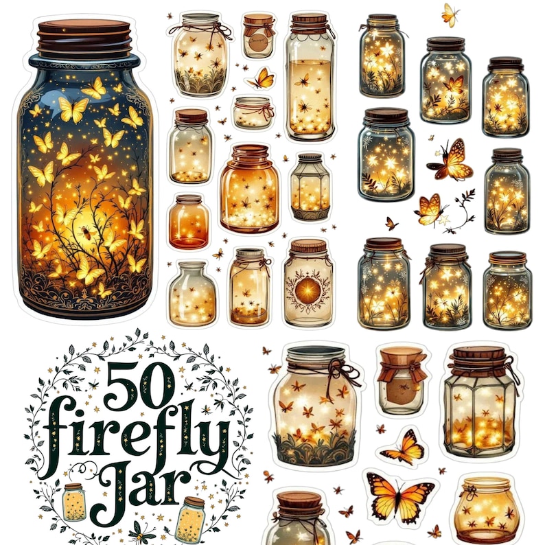 50 Whimsical Firefly Jar Clipart PNG | Watercolor Moth Mason Jar ...