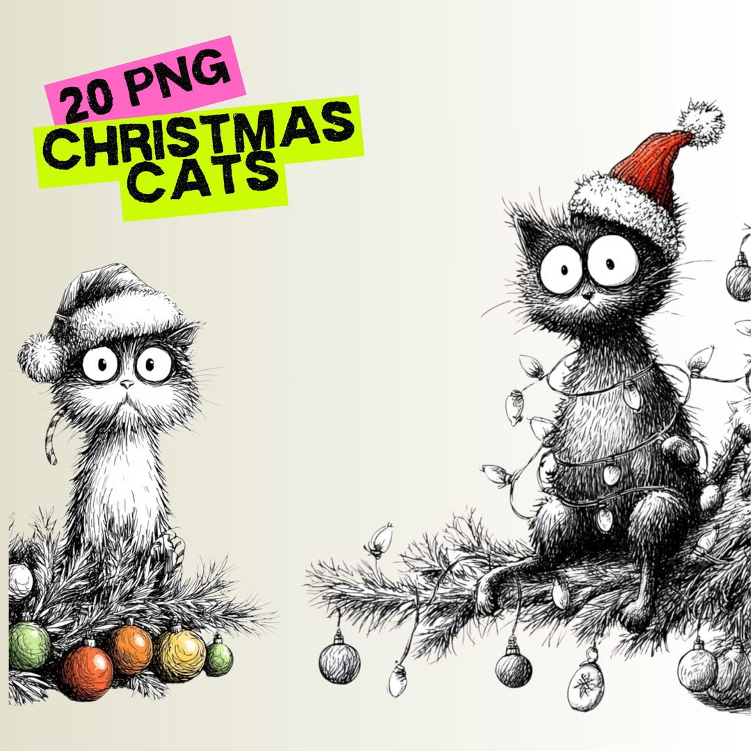 20 Quirky Christmas Cat Clipart (PNG JPG) : Funny Holiday Sketch Art ...