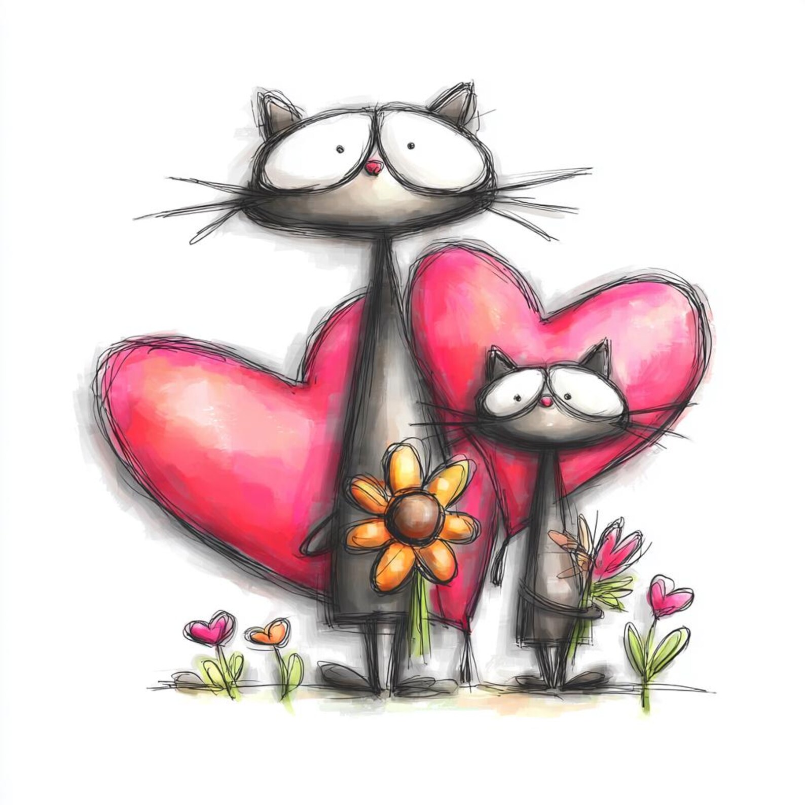 30 Whimsical Cat Love Clipart (PNG JPG) : Heart Cats for Digital Crafts ...