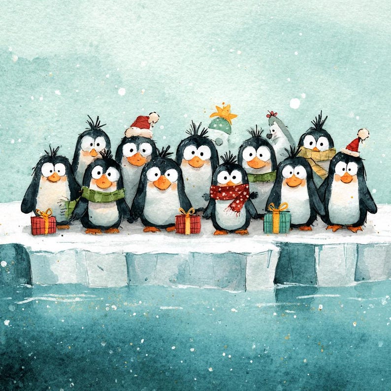 30 Watercolor Christmas Penguins Clipart: Whimsical Holiday Designs for ...