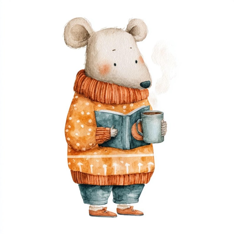 18 Cozy Coffee Animal Clipart – Reading Cute Animals With Books & Mugs ...