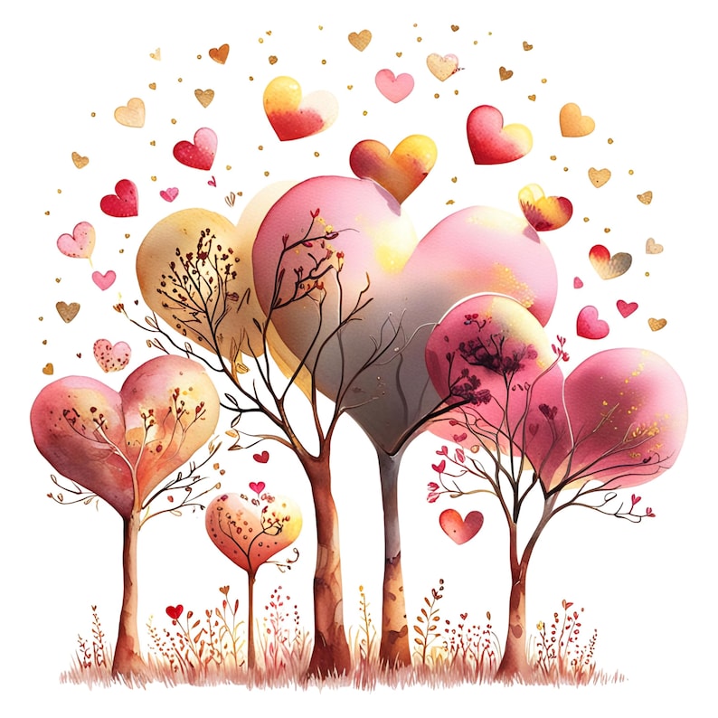 10 Watercolor Heart Tree Clipart, Romantic Nature Print, Digital ...