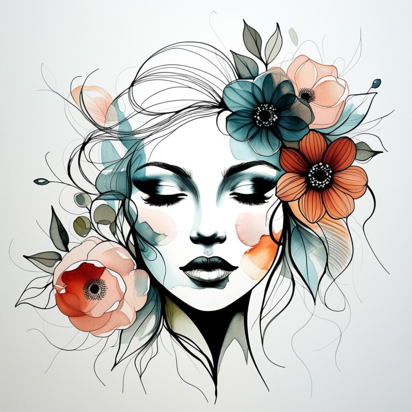 Floral Woman Face Watercolor Clipart: Abstract Line Art (digital ...
