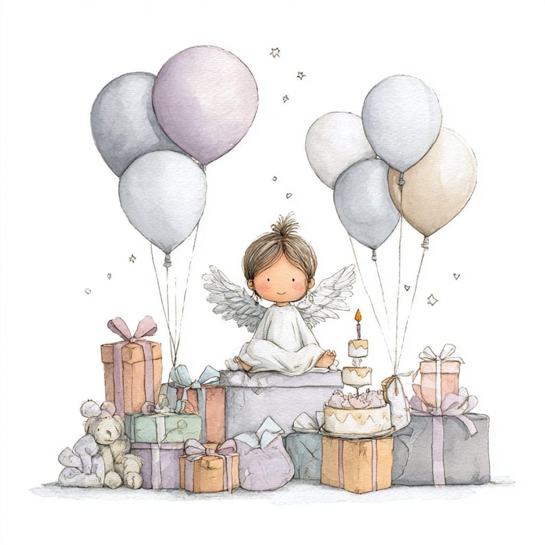 18 Angel Birthday Card Clipart (JPG) : Soft Watercolor Baby Angels for ...