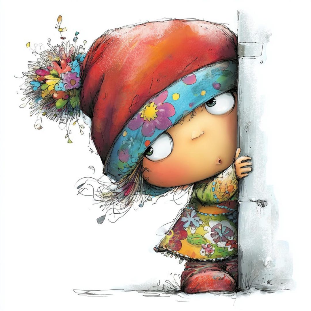 Winter Girl Clipart – Peeking Kids Illustration, Cozy JPG (digital ...