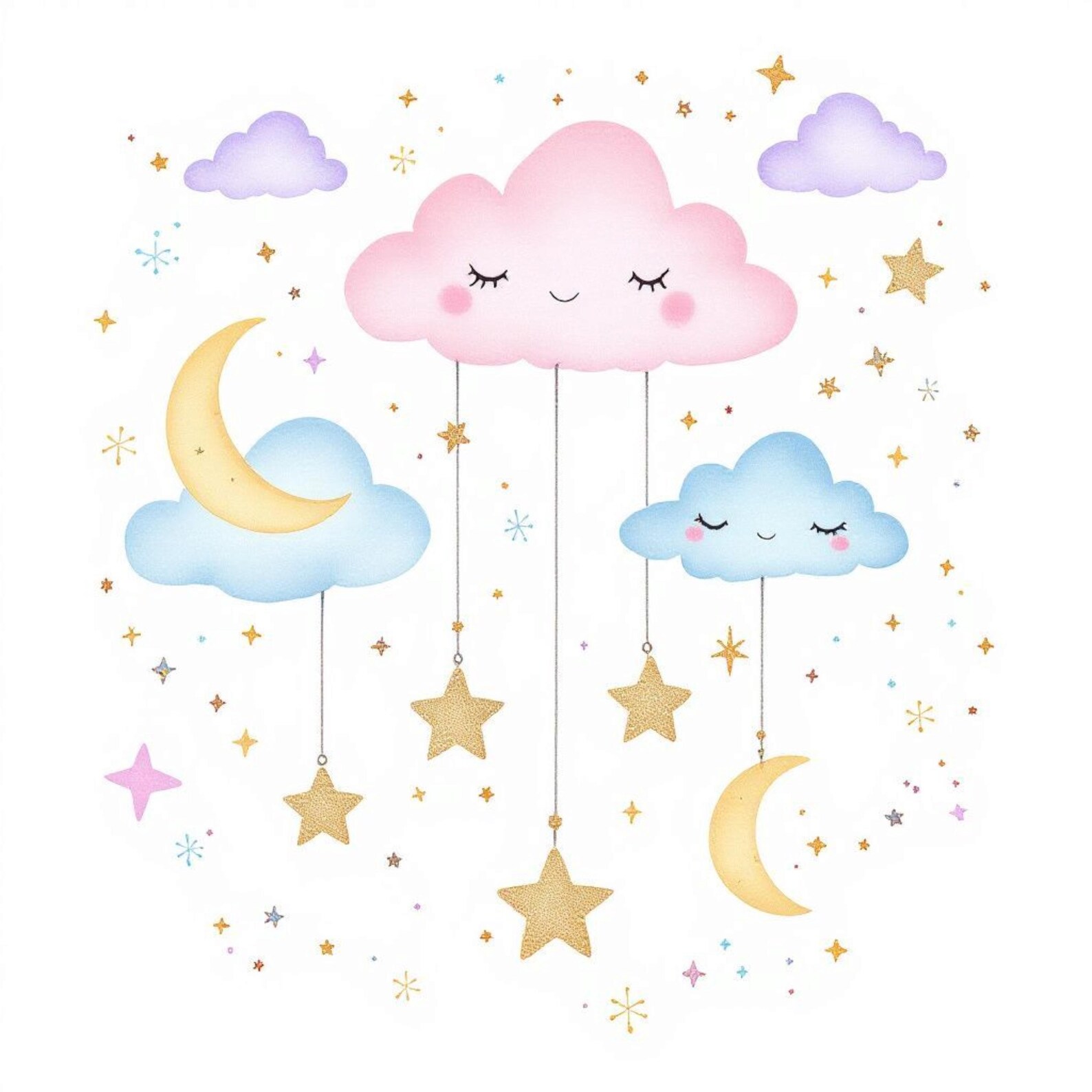 8 Baby Clouds Wreath Watercolor Moon and Stars Frame Newborn Clip Art ...