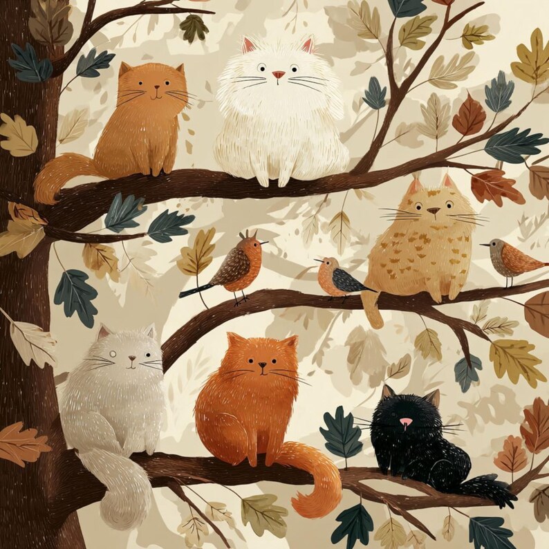 15 Watercolor Tree Cat Clipart (JPG) : Cozy Autumn Cats for Digital ...