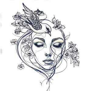 Floral Woman Line Art Clipart: Girl With Birds (digital Download) - Etsy