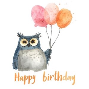 Cats & Owls Balloon Birthday Card Cliparts : 20 Colorful Watercolor ...
