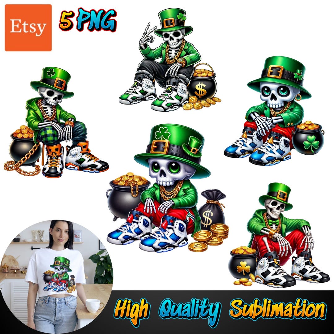 St Patrick Skeleton PNG Bundle, Leprechaun Skull Streetwear Set, Lucky ...