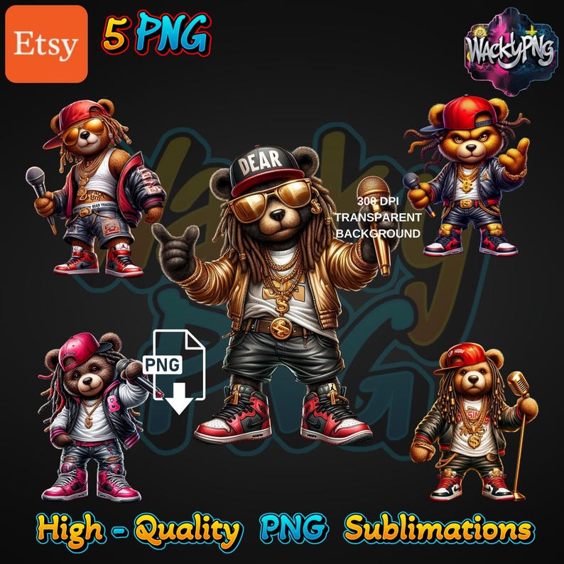 Rapper Bear Mascot PNG Bundle | Hip Hop Music Dreadlocks T-shirt Design ...