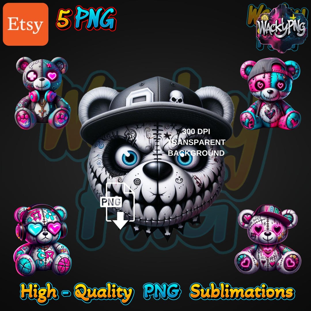 Urban Neon Teddy Bear PNG Bundle: Gamer & Voodoo Designs (digital ...