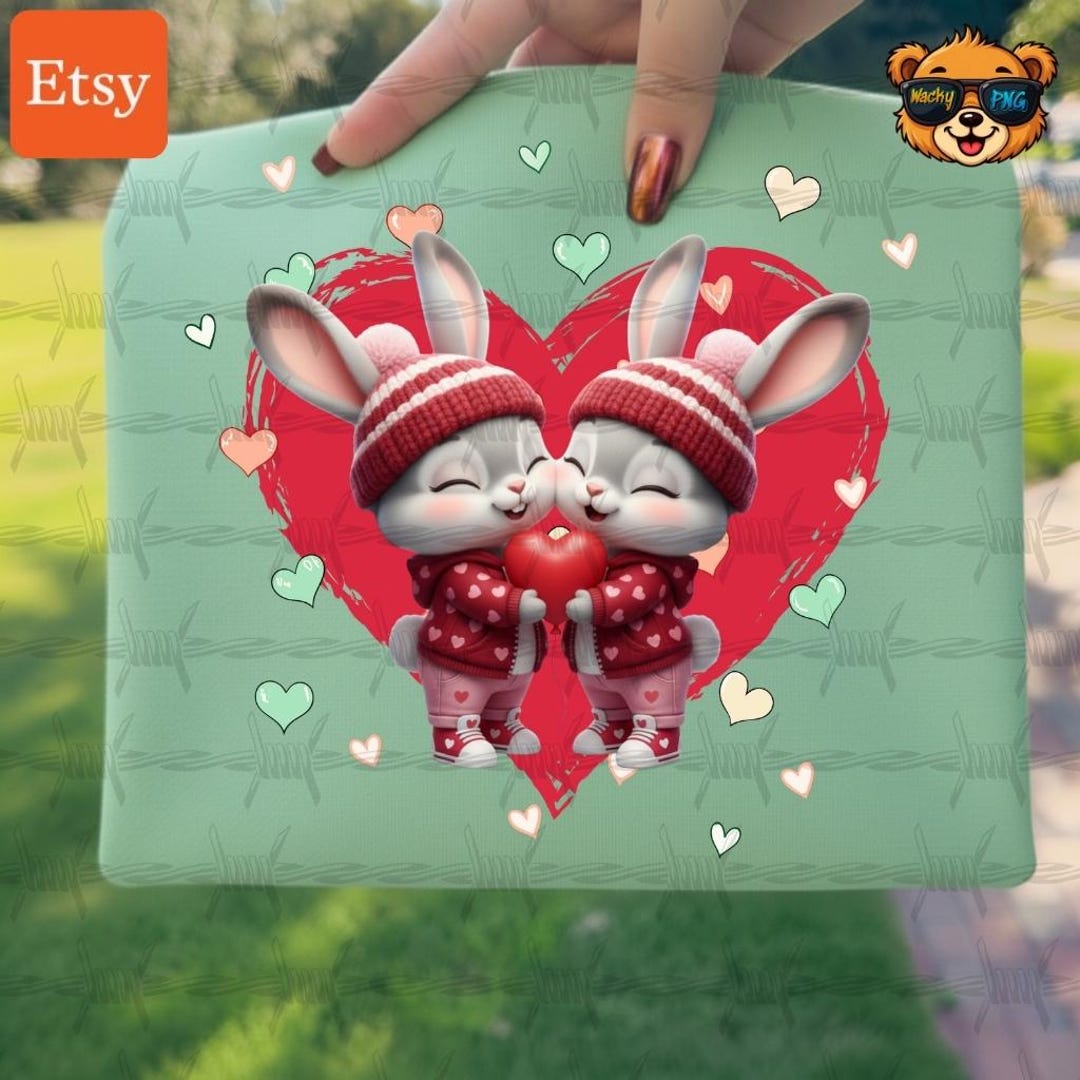 Cute Valentine Bunny PNG Couple Holding Heart – Kawaii Love Rabbits for ...