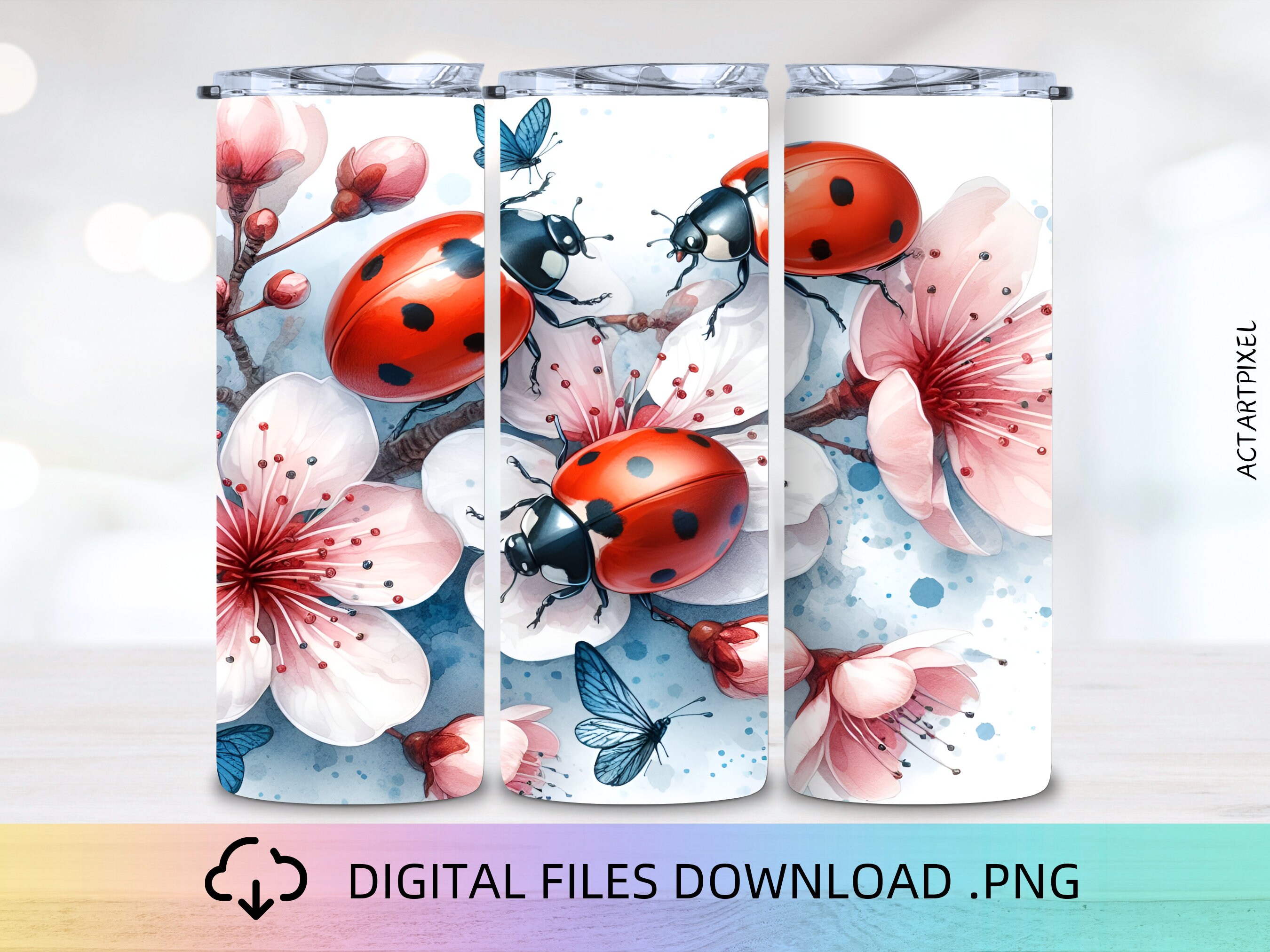 Ladybugs Floral Tumbler Wrap: Watercolor PNG (digital Download) - Etsy