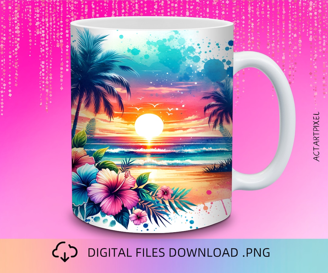 Sunset Beach Mug Wrap Design, 11 & 15 Oz Mug Wrap, Mug Wrap PNG, Summer ...
