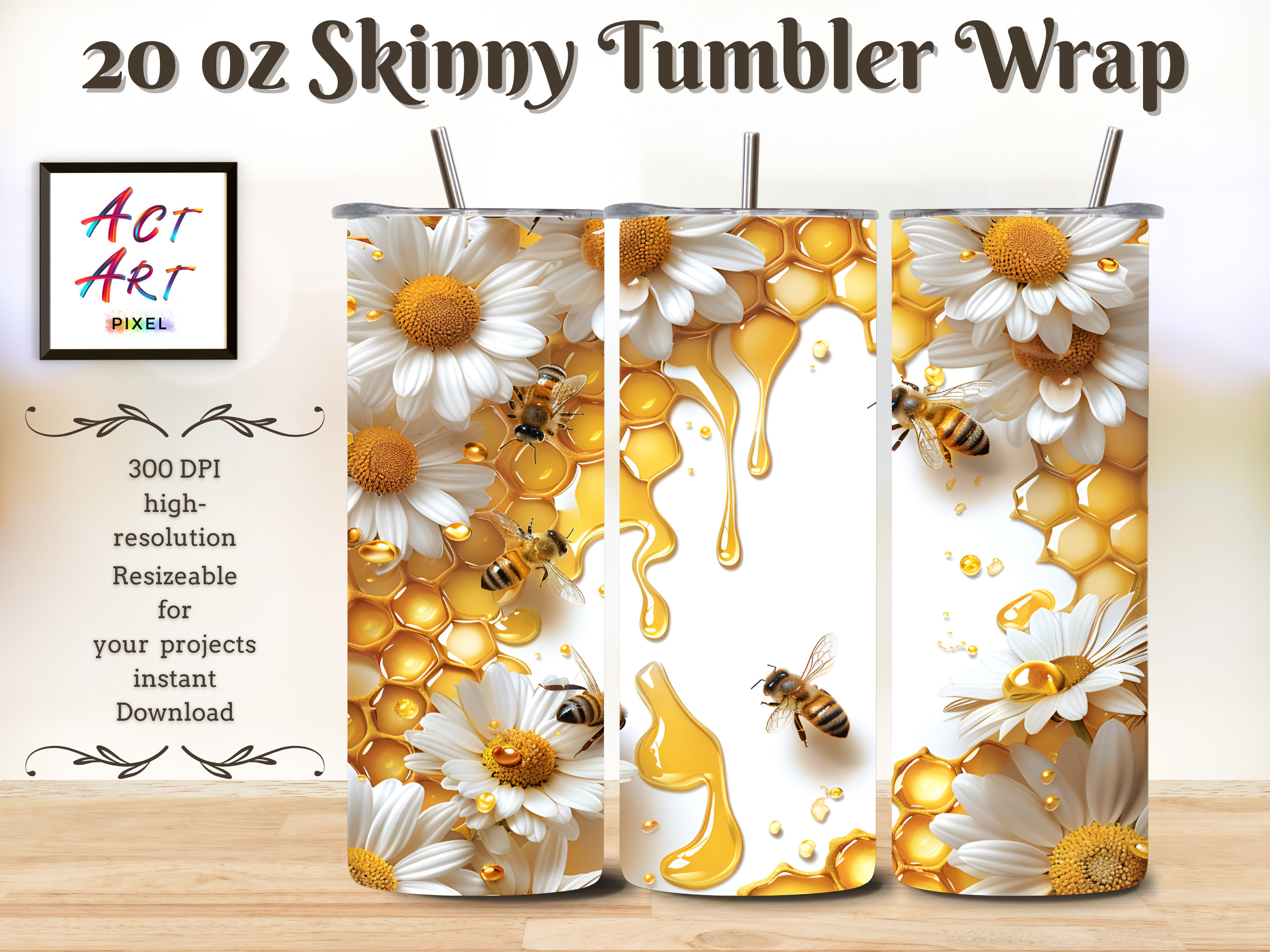 Bee Honeycomb Floral Tumbler Wrap, 20oz Skinny Tumbler Wrap Sublimation ...