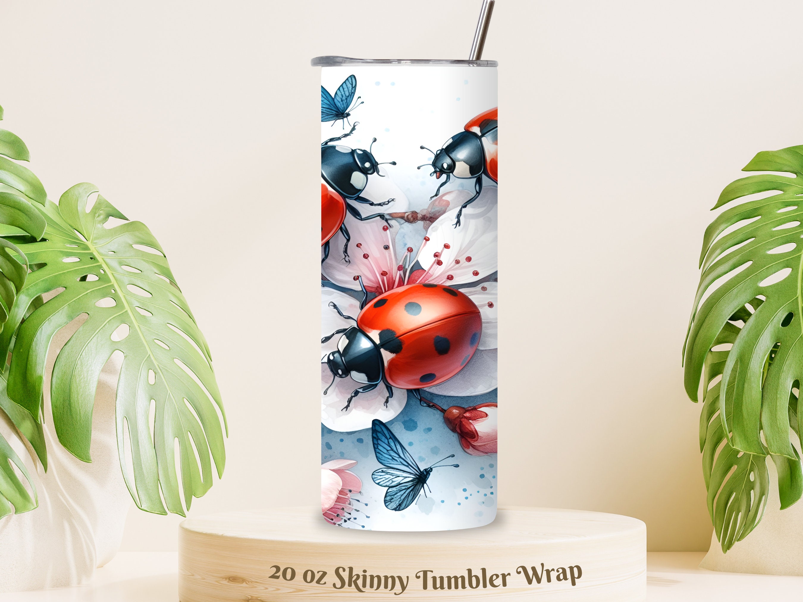 Ladybugs Floral 20oz Skinny Tumbler Wrap, Digital File PNG Download ...
