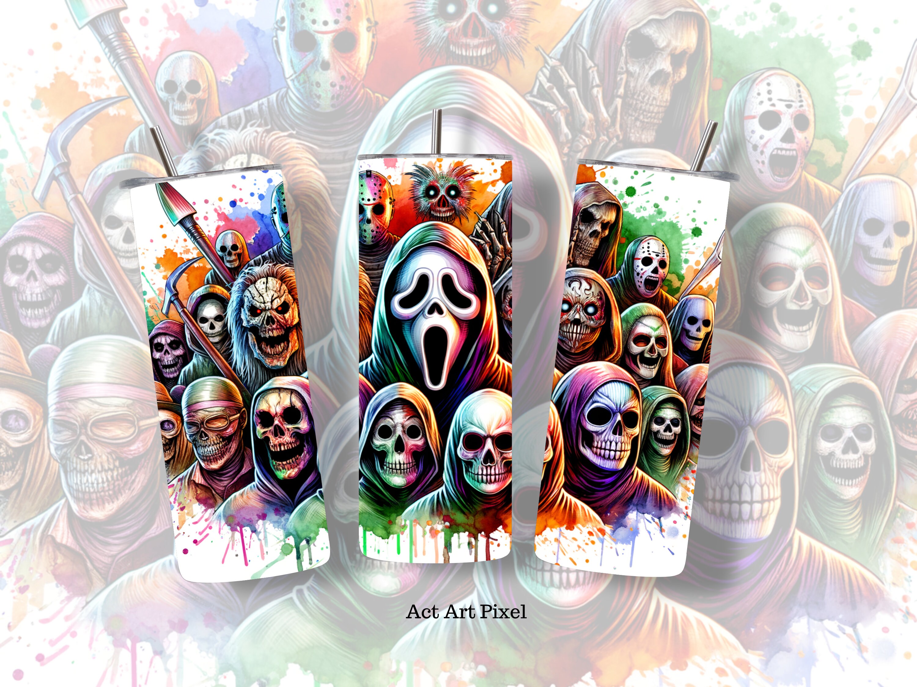 Horror Characters Tumbler Wrap Design, 20oz Skinny Tumbler Sublimation ...