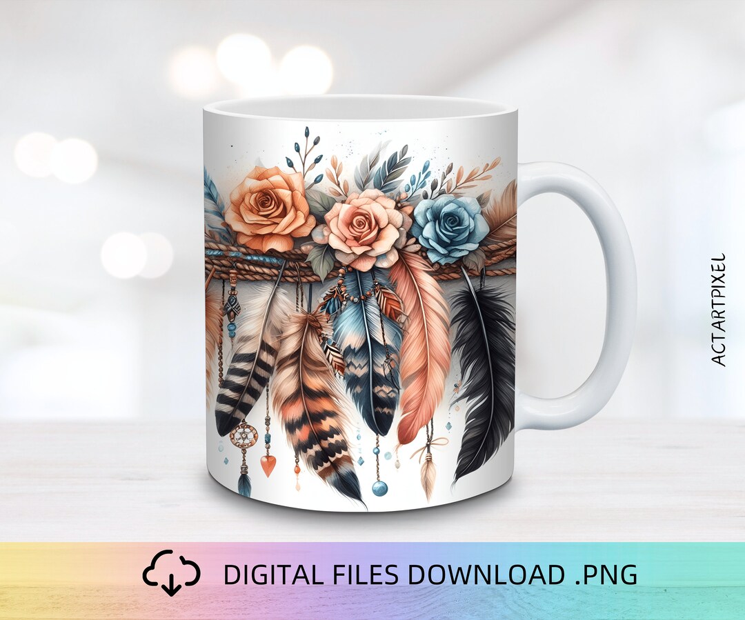 Boho Feathers Mug Wrap, 11 and 15oz Mug Wrap PNG, Mug Sublimation ...