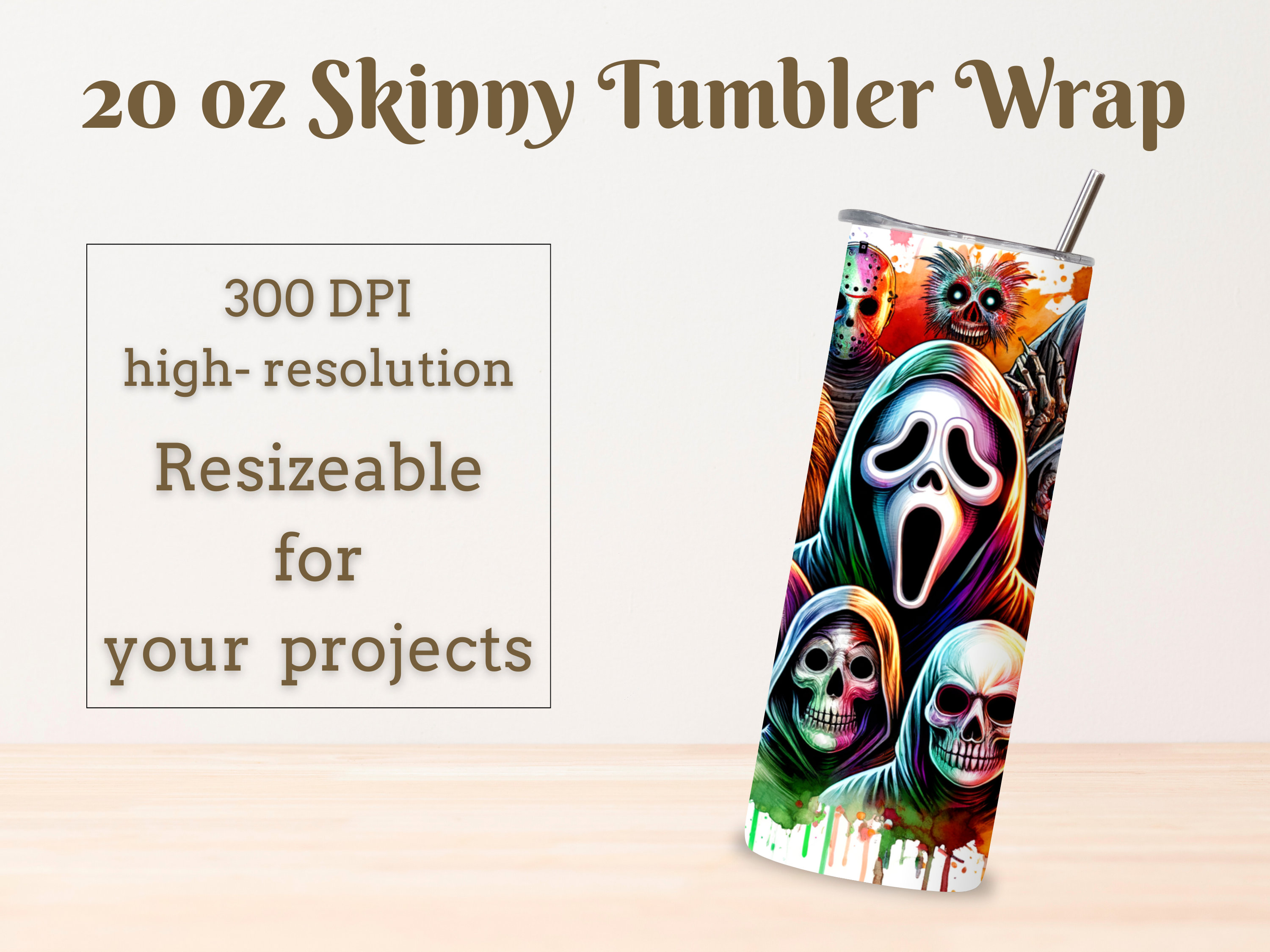 Horror Characters Tumbler Wrap Design, 20oz Skinny Tumbler Sublimation ...