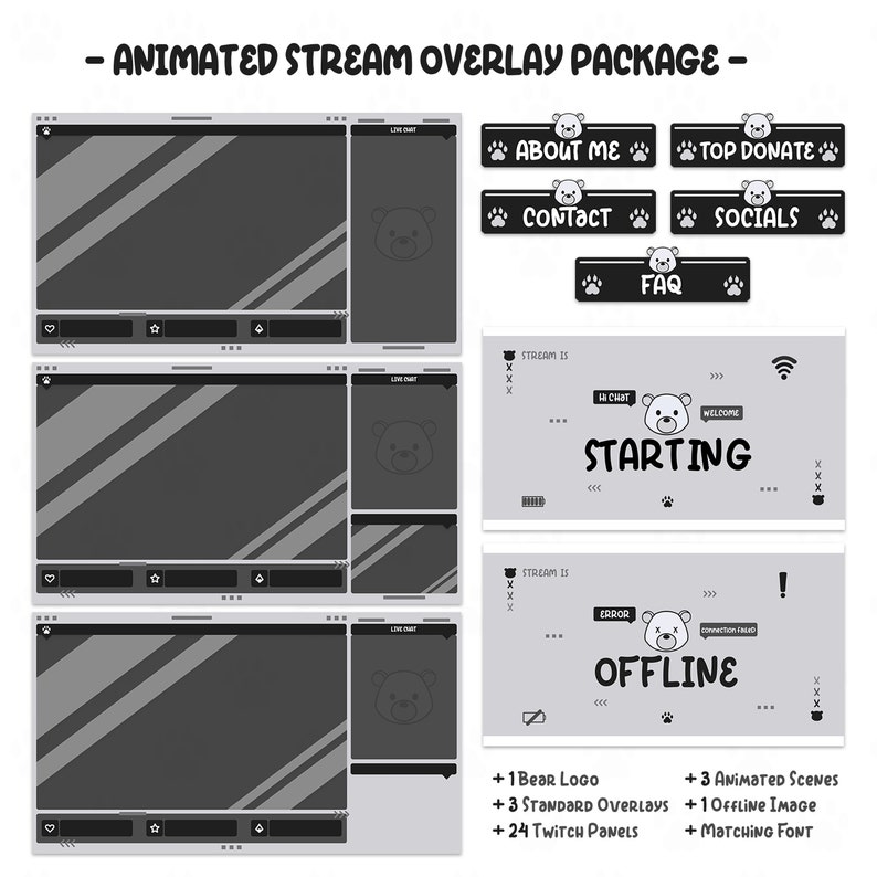 Bear Animated Twitch Stream Overlay Package | Black & White - Etsy
