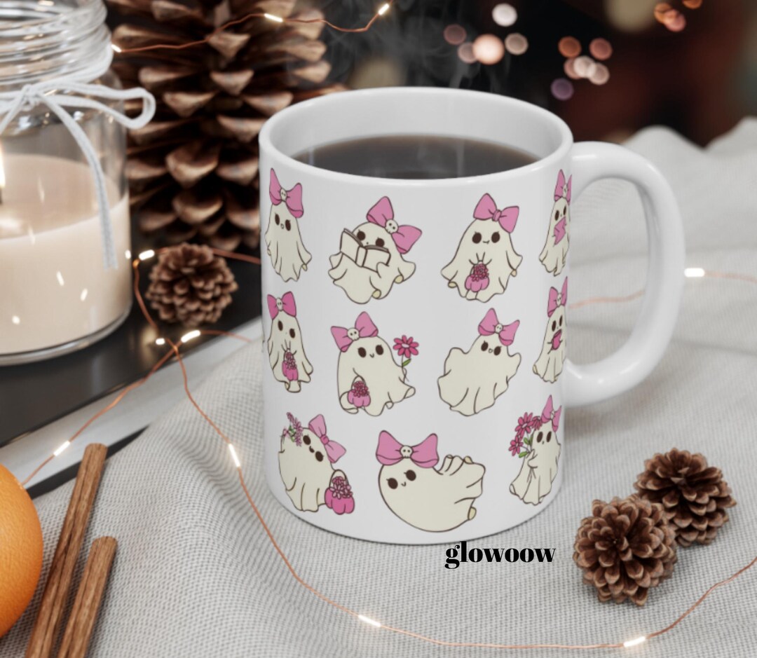 Ghost Mug With Pink Bow – Ceramic Halloween Coffee Cup, Spooky Season ...
